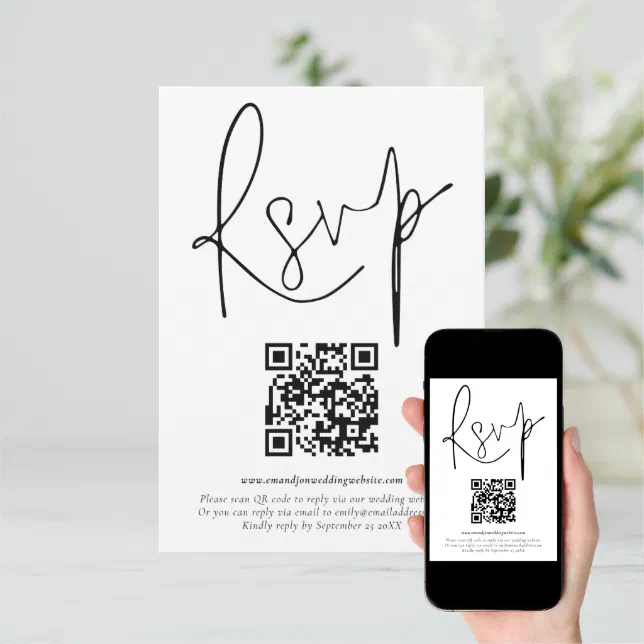 Minimalist QR Code Script Wedding RSVP Card | Zazzle