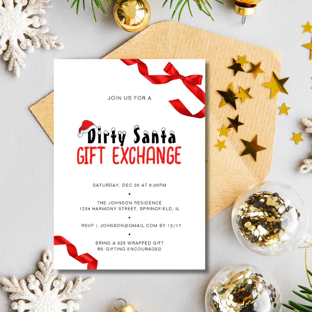 Minimalist Red Bow Dirty Santa Gift Exchange Invitation | Zazzle