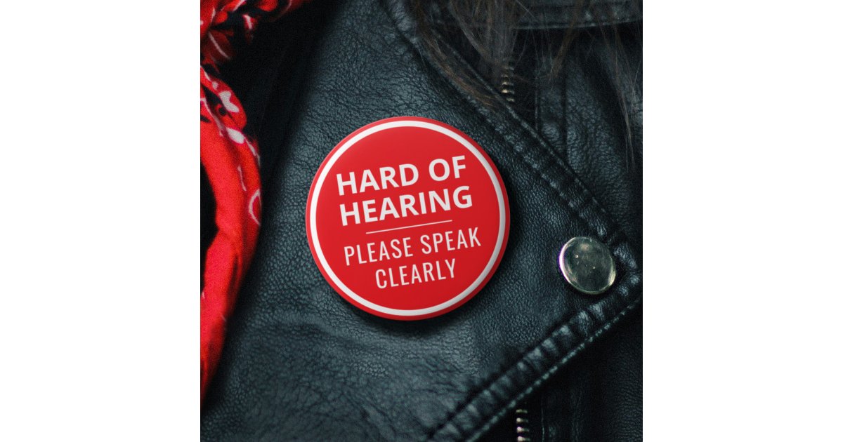 Minimalist Red Text Hard of Hearing Button | Zazzle