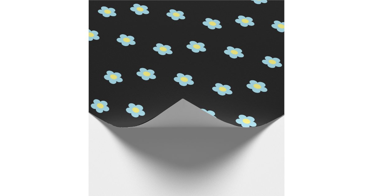 Minimalist Retro 90s Y2k Pastel Blue Flowers Black Wrapping Paper | Zazzle