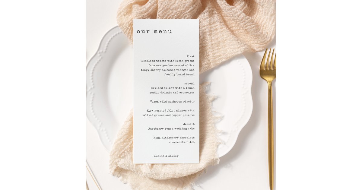 Minimalist Retro Typewriter White Custom Wedding Menu | Zazzle