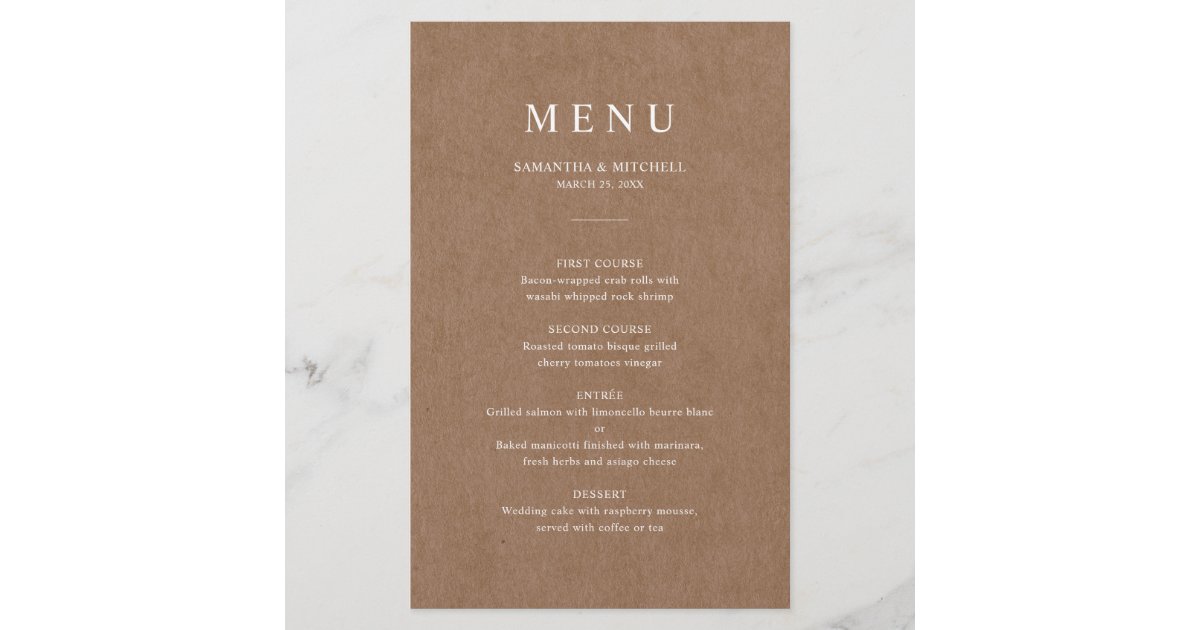 Minimalist Rustic Wedding menu card | Zazzle