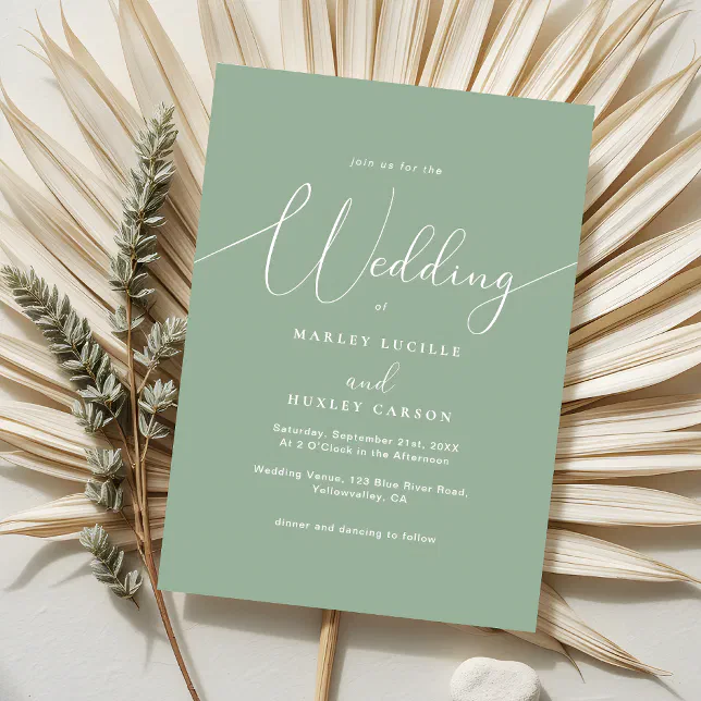 Minimalist Sage Green Elegant Script Wedding Invitation | Zazzle