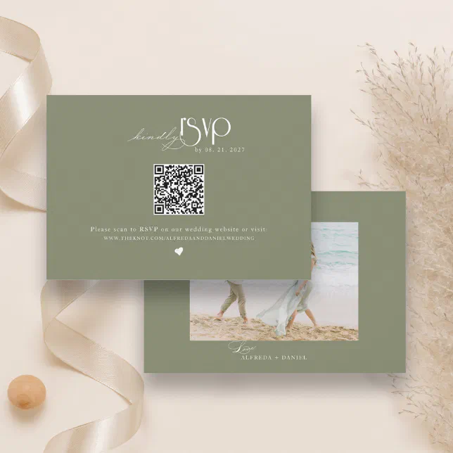 Minimalist Sage Green QR Code Wedding Website RSVP Card | Zazzle