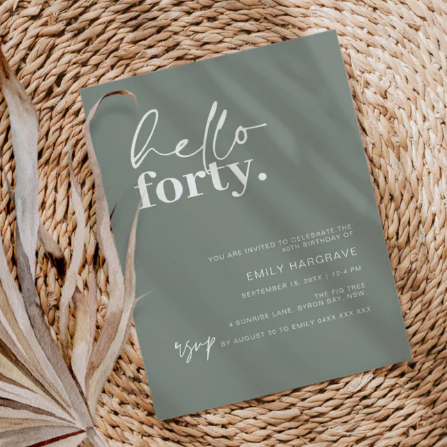 Minimalist Sage Hello Forty 40 Birthday Party Invitation | Zazzle