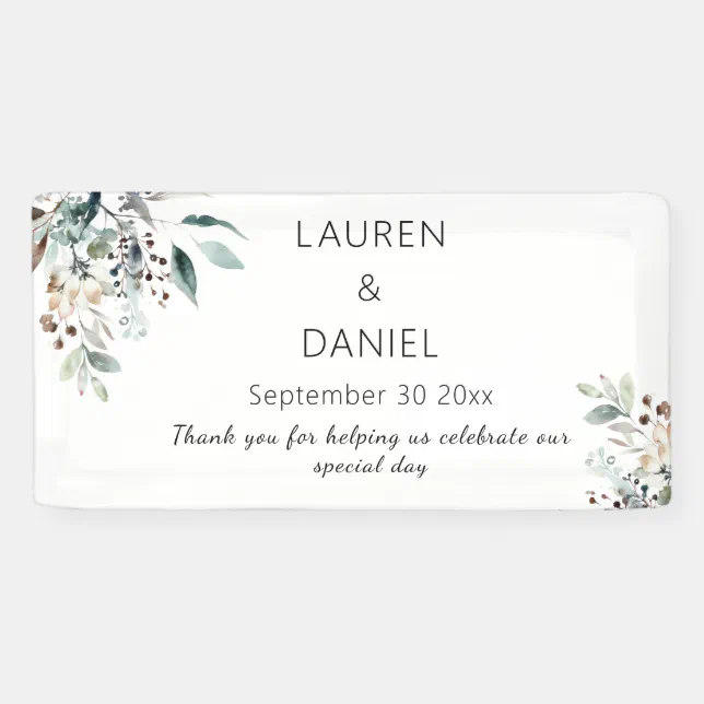 Minimalist Sage Leaves Names Wedding Thank You Banner | Zazzle