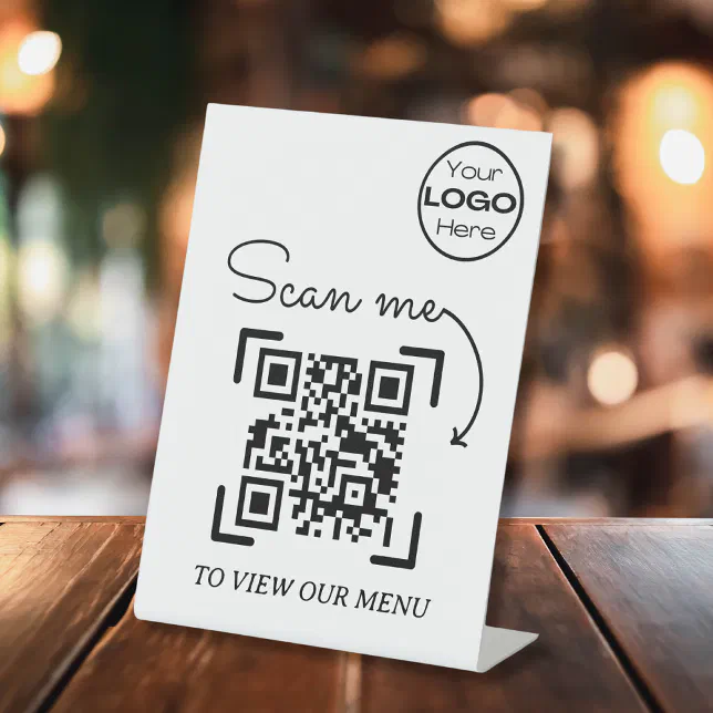 Minimalist Scan Me Menu Business Logo QR Code Pedestal Sign | Zazzle