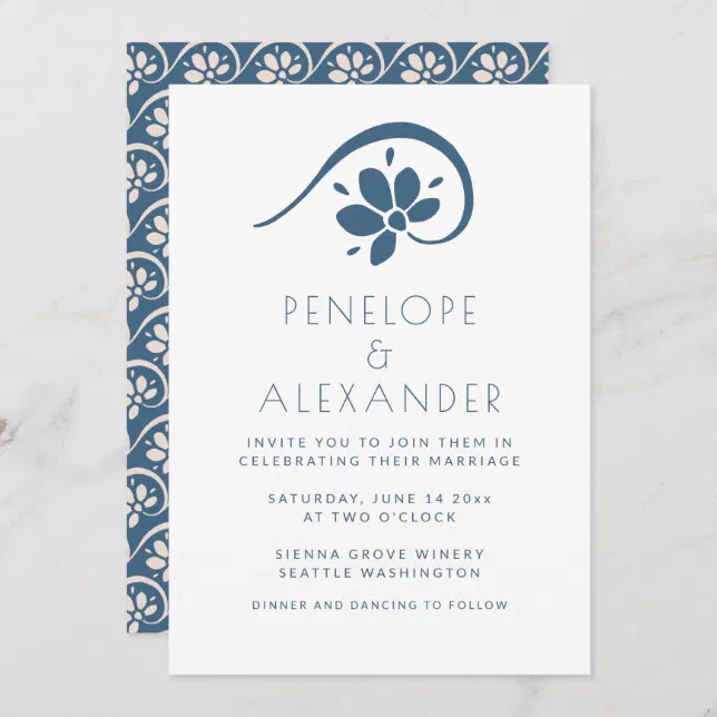Minimalist Scandinavian Blue Floral Wedding Invitation | Zazzle