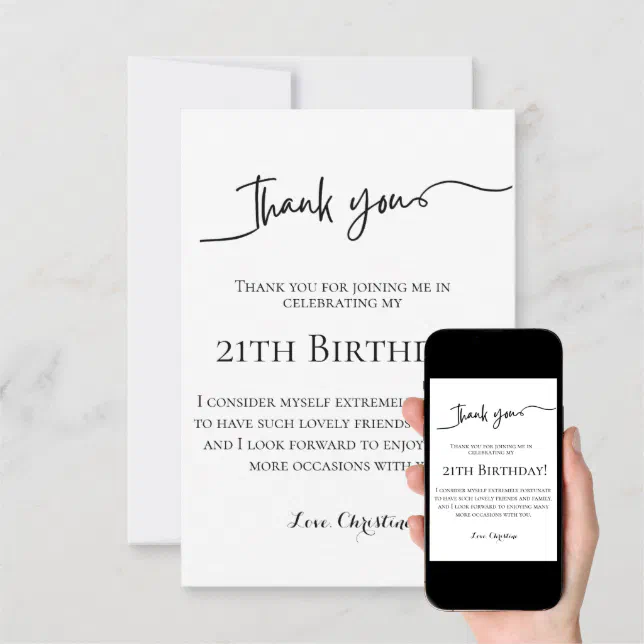 Minimalist script 21th birthday thank you card | Zazzle