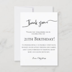 Minimalist script 21th birthday thank you card | Zazzle
