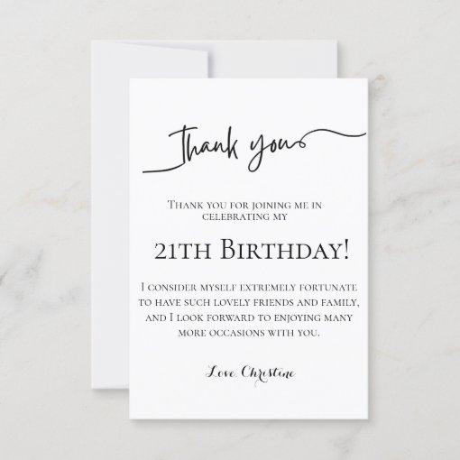 Minimalist script 21th birthday thank you card | Zazzle