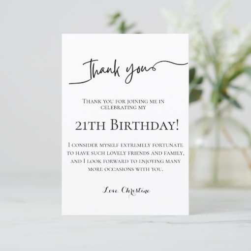 Minimalist script 21th birthday thank you card | Zazzle