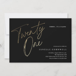 Minimalist Script Black and Gold 21st Birthday Invitation | Zazzle