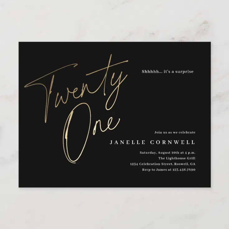 Minimalist Script Black and Gold 21st Birthday Postcard | Zazzle