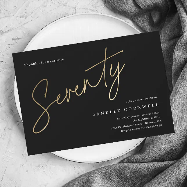 Minimalist Script Black and Gold 70th Birthday Postcard | Zazzle