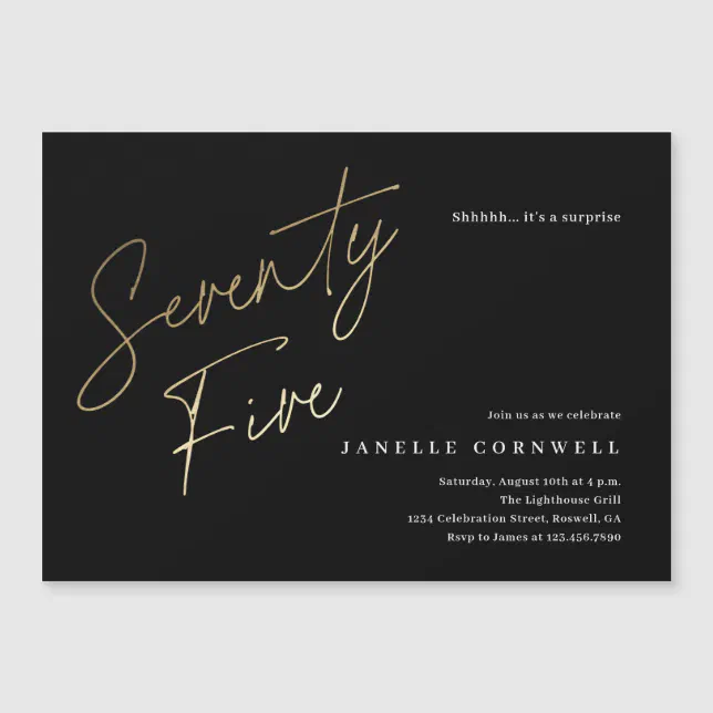 Minimalist Script Black and Gold 75th Birthday Magnetic Invitation | Zazzle