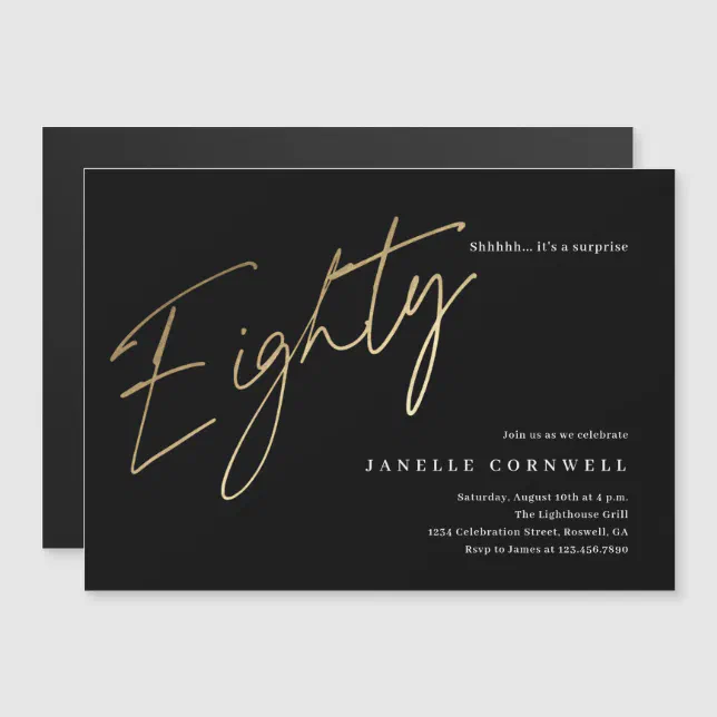 Minimalist Script Black and Gold 80th Birthday Magnetic Invitation | Zazzle