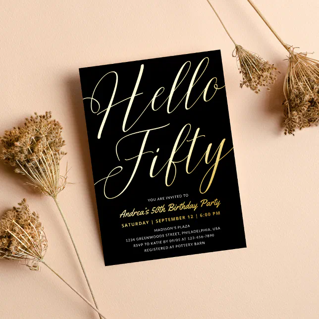 Minimalist Script Black Hello Fifty Birthday Gold Foil Invitation | Zazzle