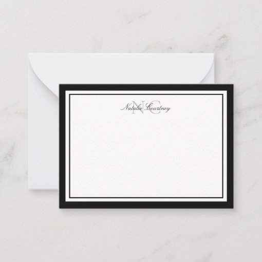 Minimalist Script Black Two Border Monogram Note Card | Zazzle