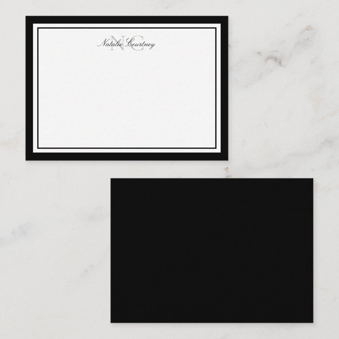 Minimalist Script Black Two Border Monogram Note Card | Zazzle