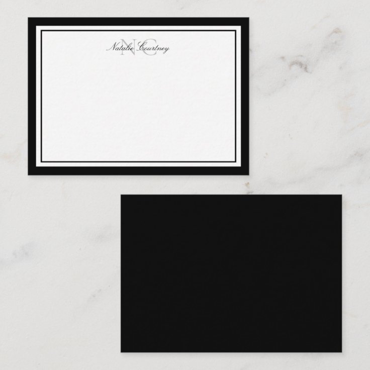 Minimalist Script Black Two Border Monogram Note Card | Zazzle