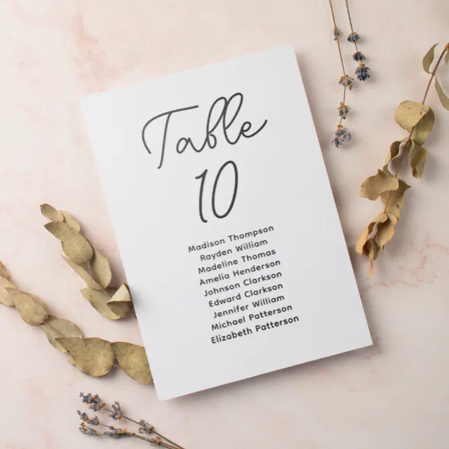 Minimalist Script Black White Seating Chart Table Number | Zazzle