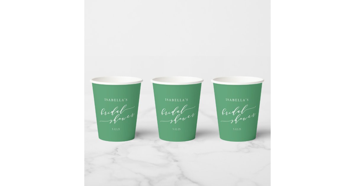 Minimalist Script Bridal Shower Kelly Green Paper Cups | Zazzle