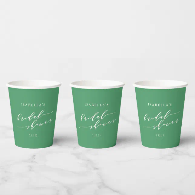 Minimalist Script Bridal Shower Kelly Green Paper Cups | Zazzle