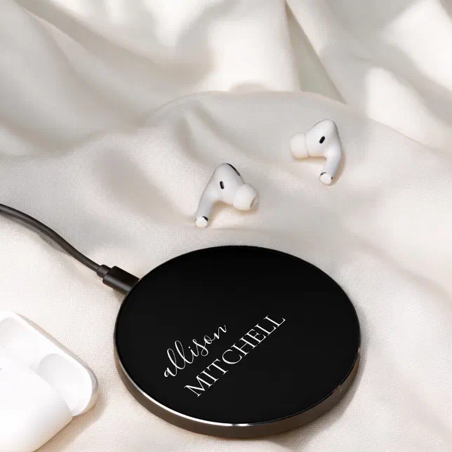 Minimalist Script Calligraphy Black Wireless Charger | Zazzle