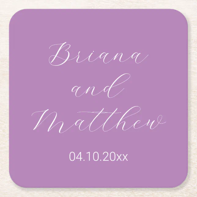 Minimalist Script Calligraphy Lavender Wedding Square Paper Coaster | Zazzle