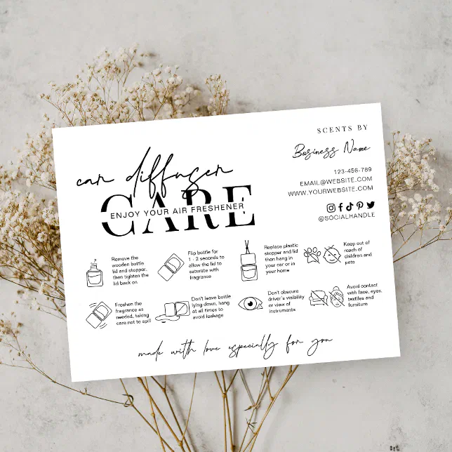 Minimalist Script Car Diffuser Care Instructions Thank You Card | Zazzle