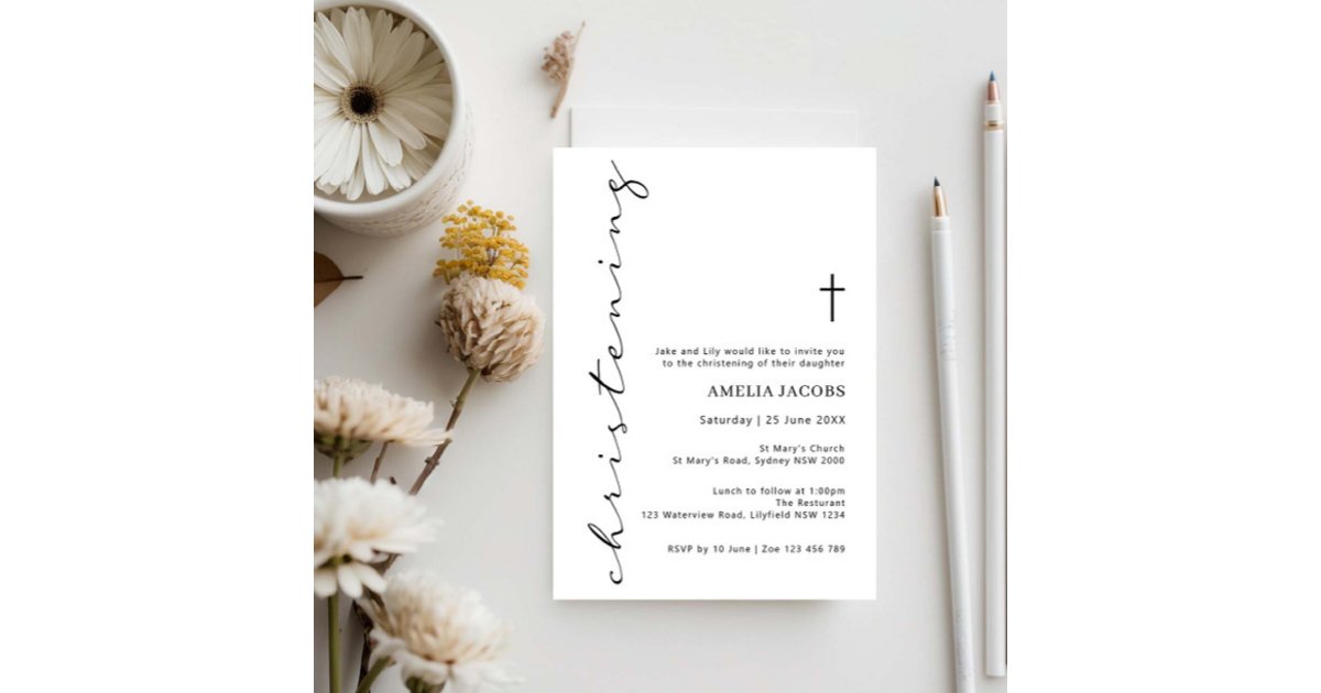 Minimalist Script Christening Typography Invitation | Zazzle