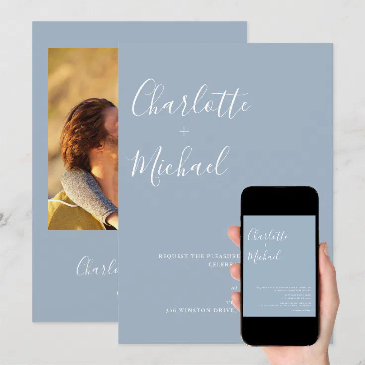 Minimalist Script Dusty Blue Photo Wedding Invitation | Zazzle
