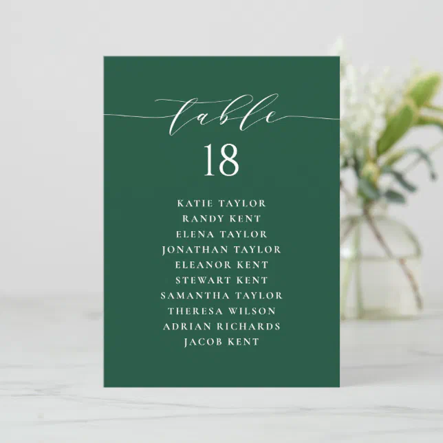 Minimalist Script Green Seating Plan Table Number | Zazzle