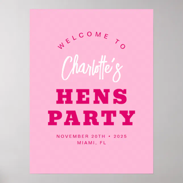 Minimalist Script Hot Pink Hens Party Welcome Poster | Zazzle