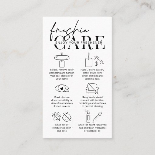 Minimalist Script Logo Car Freshie Care Guide Business Card | Zazzle