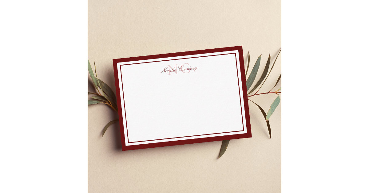 Minimalist Script Maroon Two Border Monogram Note Card | Zazzle