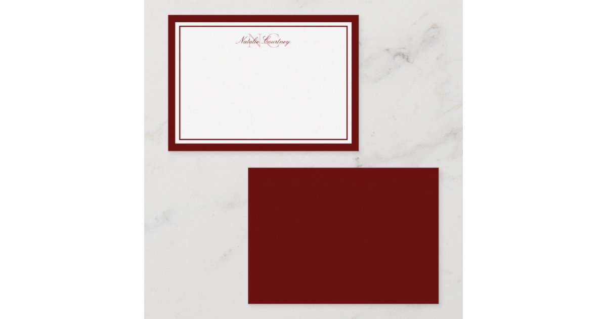 Minimalist Script Maroon Two Border Monogram Note Card | Zazzle