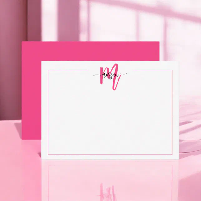 Minimalist Script Monogram One Border Hot Pink Note Card | Zazzle