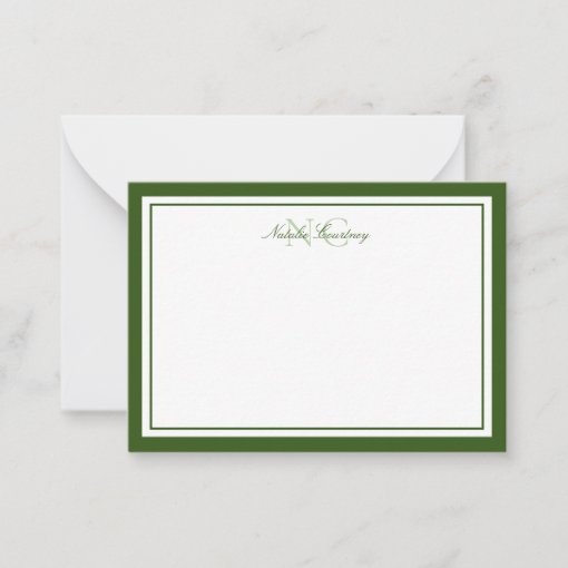 Minimalist Script Moss Green Two Border Monogram Note Card | Zazzle