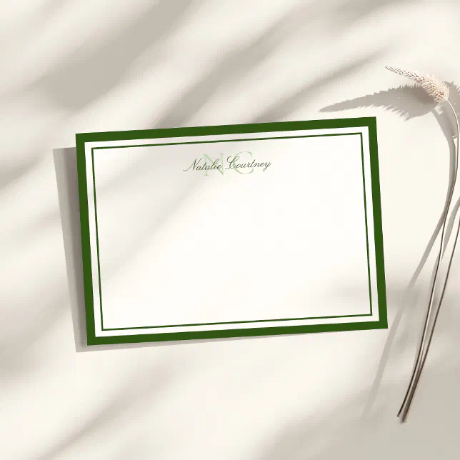 Minimalist Script Moss Green Two Border Monogram Note Card | Zazzle
