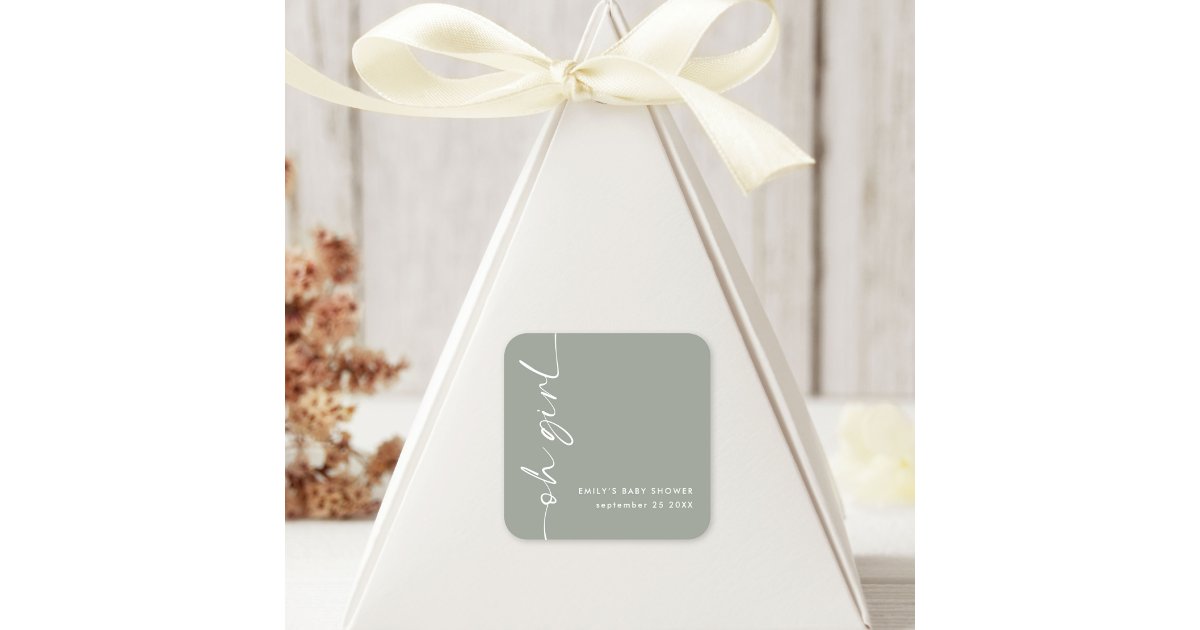 Minimalist Script Name Oh Girl Sage Baby Shower Square Sticker | Zazzle