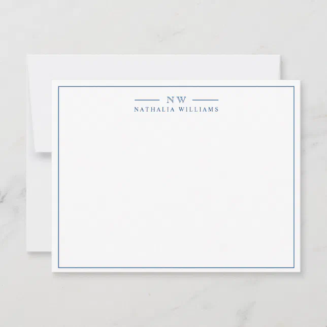 Minimalist Script Navy Blue Border Monogram Note Card | Zazzle
