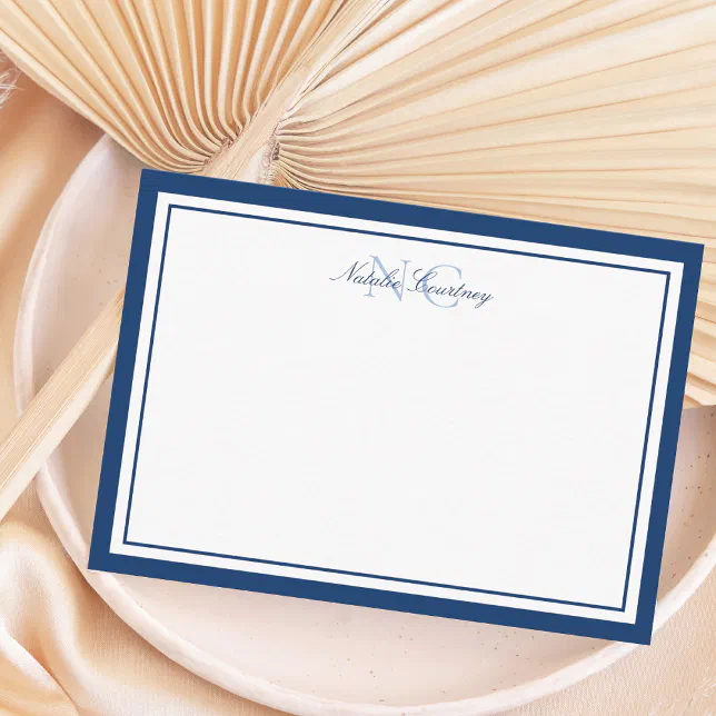 Minimalist Script Navy Blue Two Border Monogram Note Card | Zazzle