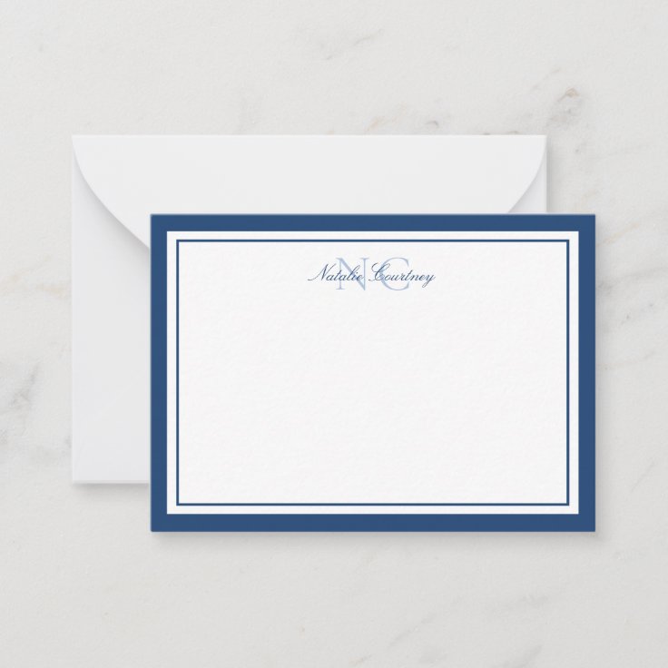 Minimalist Script Navy Blue Two Border Monogram Note Card | Zazzle