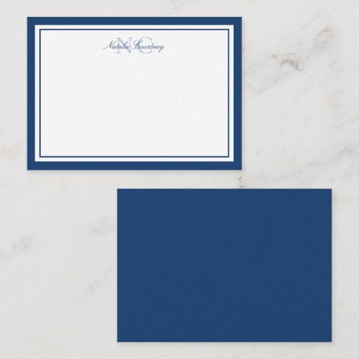 Minimalist Script Navy Blue Two Border Monogram Note Card | Zazzle