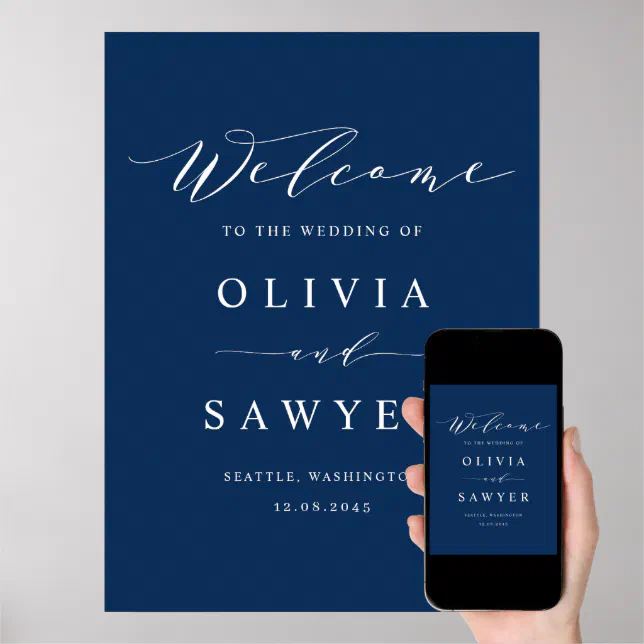 Minimalist Script Navy Blue Wedding Welcome Poster | Zazzle