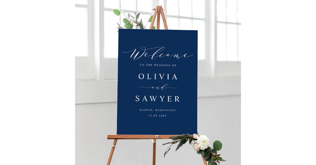 Minimalist Script Navy Blue Wedding Welcome Poster | Zazzle