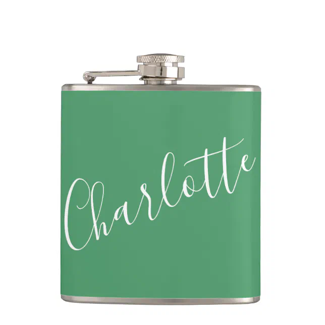 Minimalist Script Personalized Name Kelly Green Flask | Zazzle