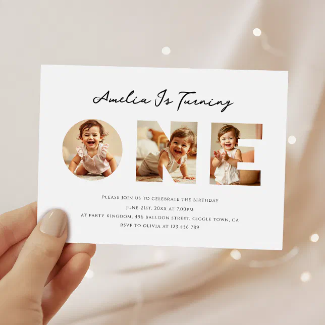 Minimalist Script Photo Collage First Birthday Invitation | Zazzle